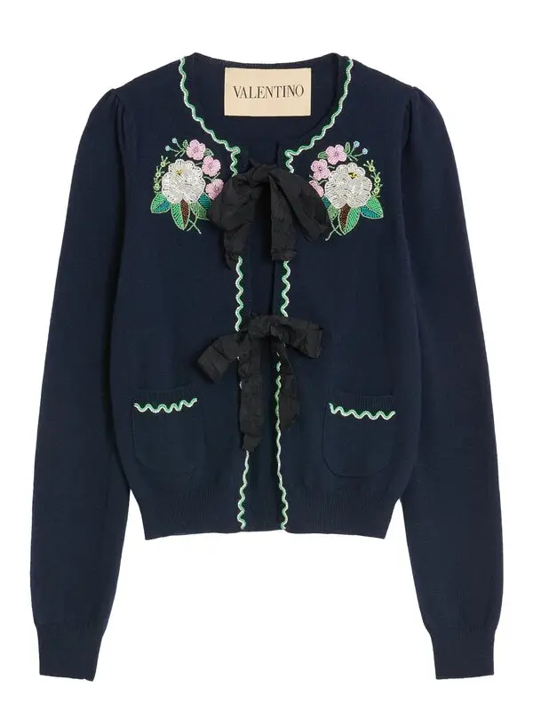 Valentino Garavani Embroidered Virgin Wool Cardigan - Navy