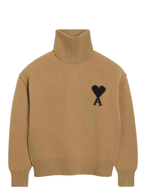 AMI Paris De Coeur Funnel Neck Sweater - Brown