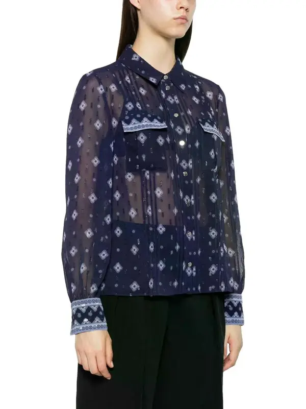SELF-PORTRAIT Geometric Pattern Chiffon Blouse With Chest Pockets - Blue
