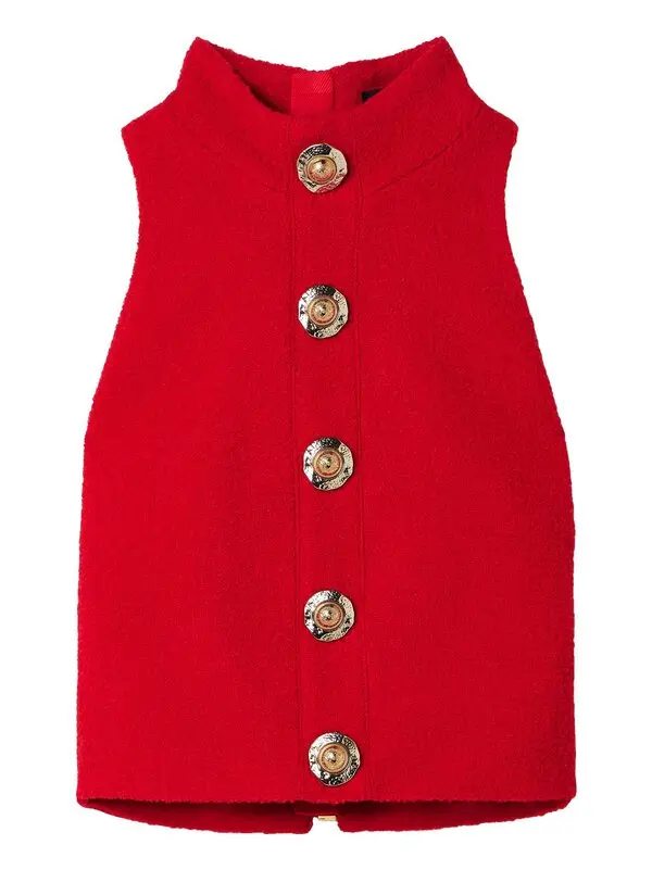 Balmain Cropped Button-embellished Wool-blend Bouclé Top - Red