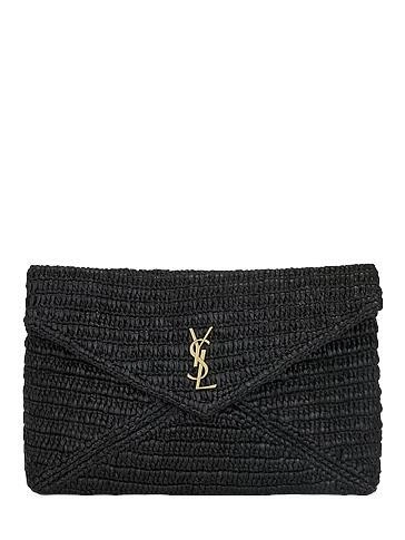 Saint Laurent Large Envelope Pouch In Raffia - Nero