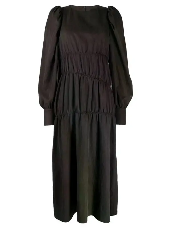 Goen.j Ruched Puffed-sleeve Midi Dress - Brown