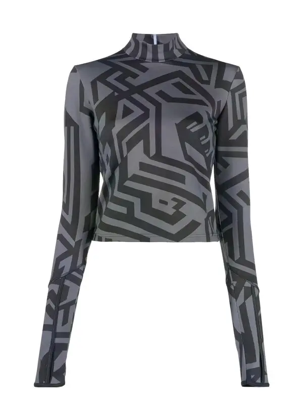 Alexander McQueen Geometric Print High Neck Long Sleeve Top - Black