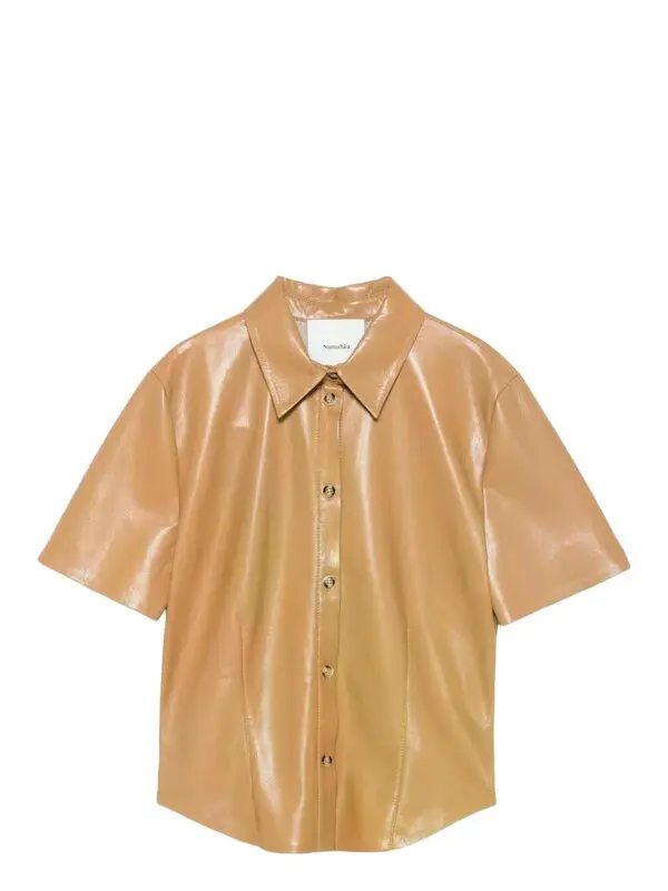 Nanushka Clare Leather Effect Button-up Short Sleeve Shirt - Neutrals