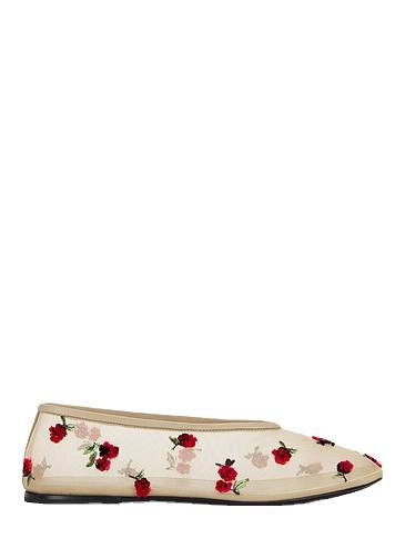 Khaite Marcy" Embroidered Floral Mesh & Calfskin Ballet Flats - Nude & Raspberry