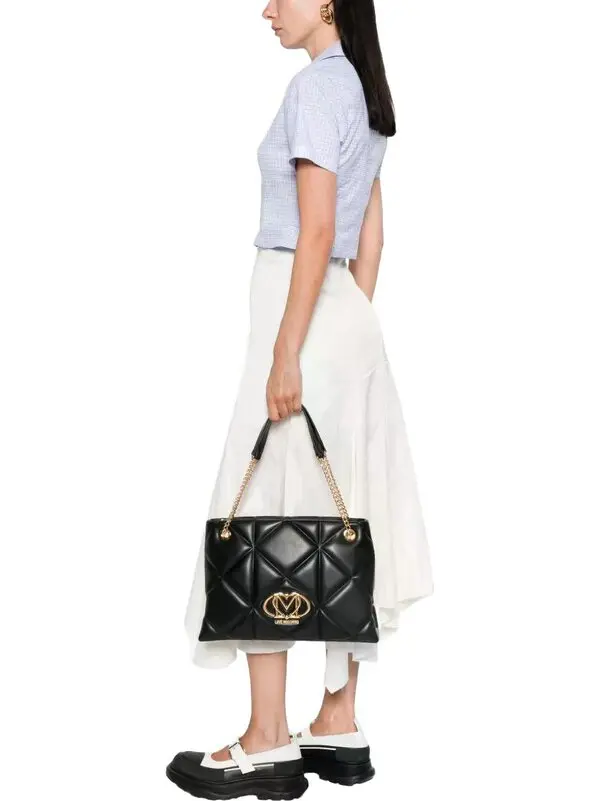 Moschino Quilted Shoulder Bag With Chain Strap And Gold-tone Logo - Black