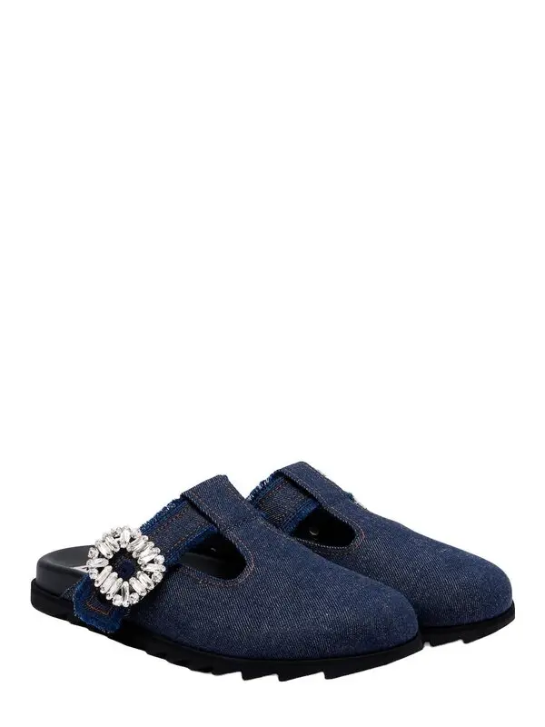 ROGER VIVIER Embellished Denim Mules - Blue