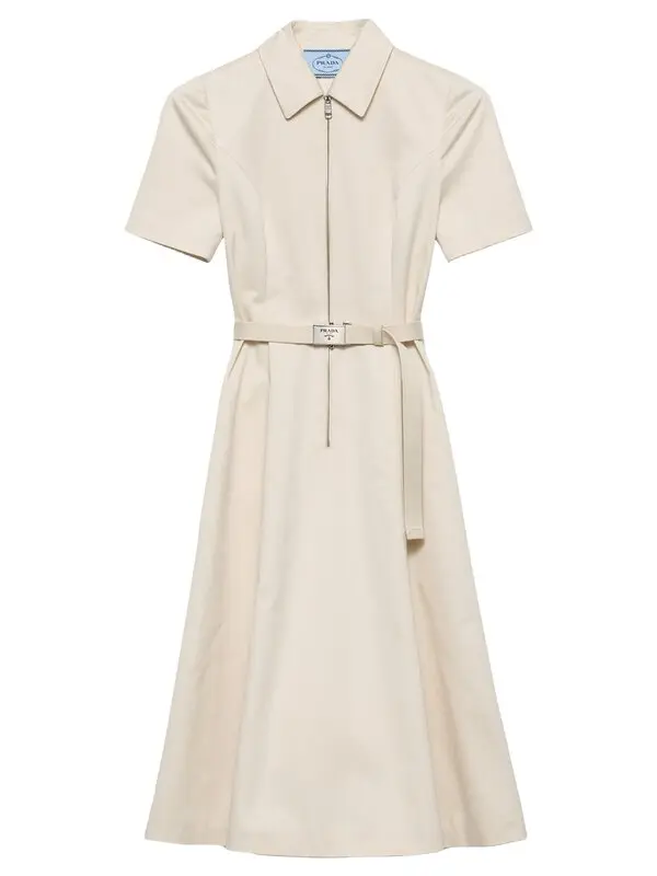 Prada Cotton Chino Dress With Belt And Zip Closure - Neutral