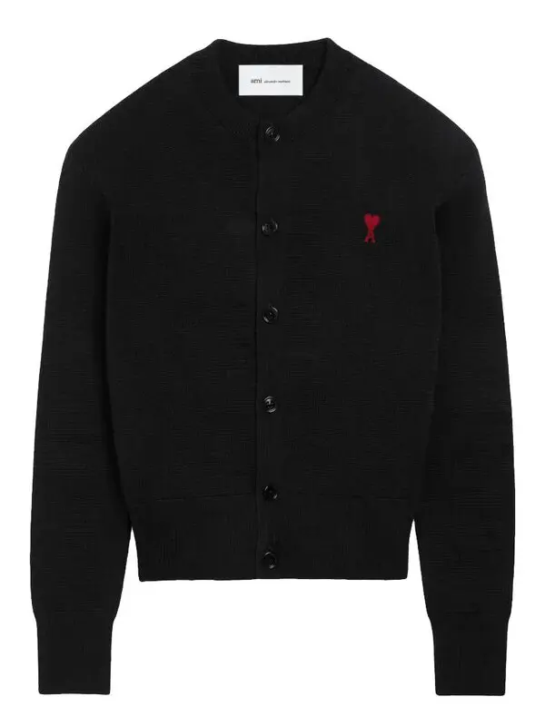 AMI Paris Wool Crewneck Cardigan With De Coeur Embroidery - Black