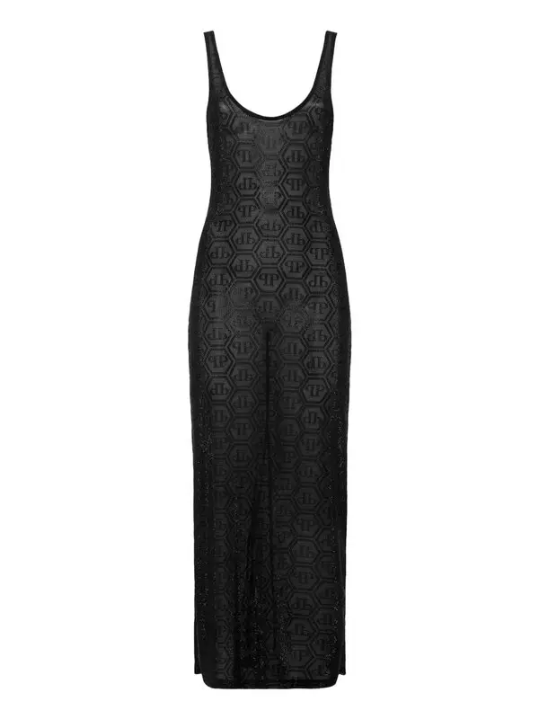 Philipp Plein Tulle Monogram Strass Midi Dress - Black