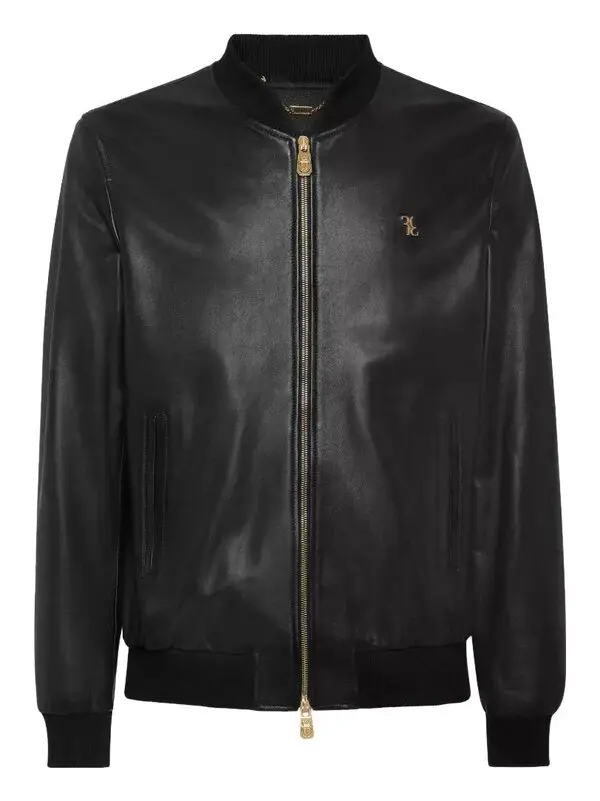 BILLIONAIRE Leather Bomber Jacket - Black