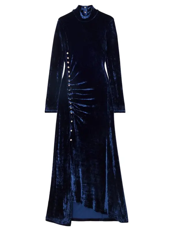 Rabanne Asymmetric Ruched Velvet Turtleneck Dress - Blue