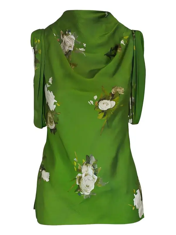 Erdem Cowl Neck Rose Print Sleeveless Top - Green