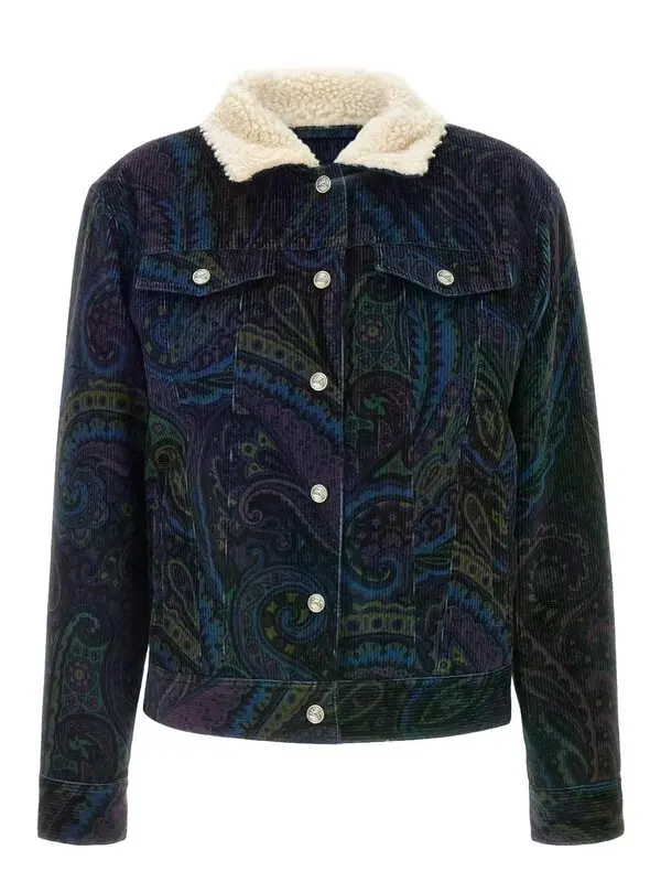 Etro Paisley-print Corduroy Jacket With Shearling Collar - Blue