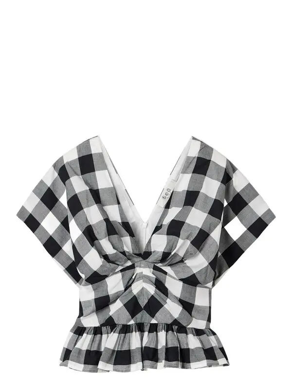 Sea Gathered Gingham Cotton-poplin Peplum Top - Multi