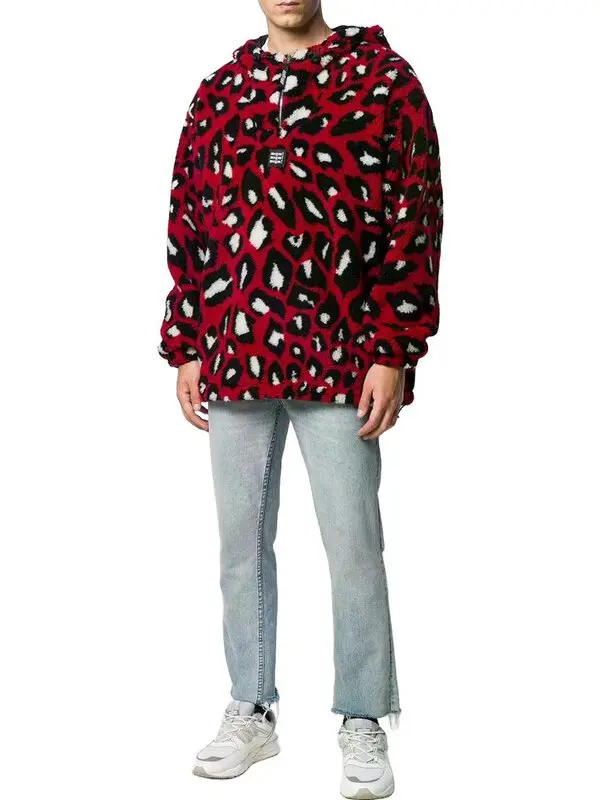 MSGM Animal Print Shearling Hooded Sweater - Red