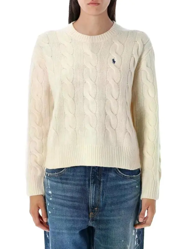 Polo Ralph Lauren Embroidered Logo Cable Knit Sweater - White