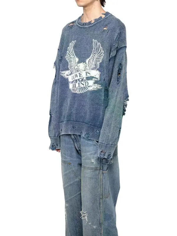 KAMIYA Eagle Print Distressed Knit Sweater - Blue