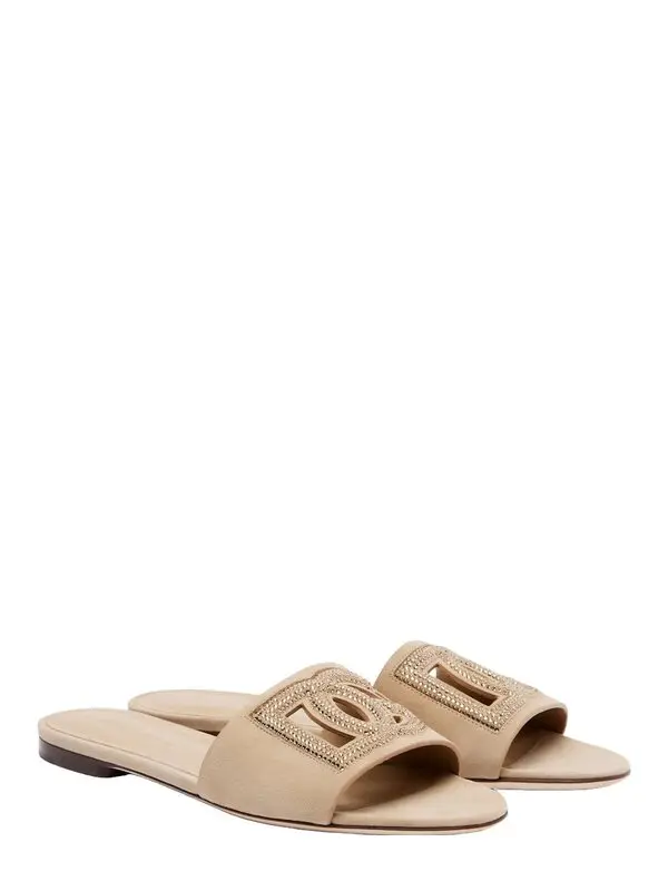 Dolce & Gabbana Embellished Suede Slides - Beige