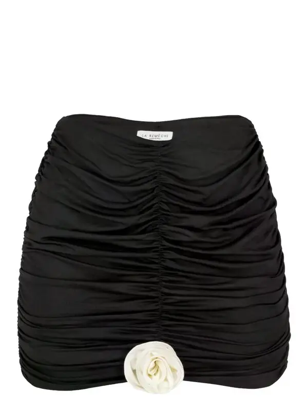 LA REVECHE Gathered Rose-embellished Mini Skirt - Black