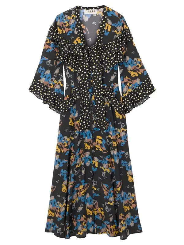 Maison Mayle Majorelle Tie-neck Ruffled Printed Silk-voile Midi Dress - Multi