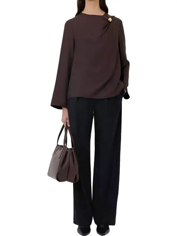 Loulou De Saison Azae Draped Silk Twill Top With Metallic Ornament - Brown