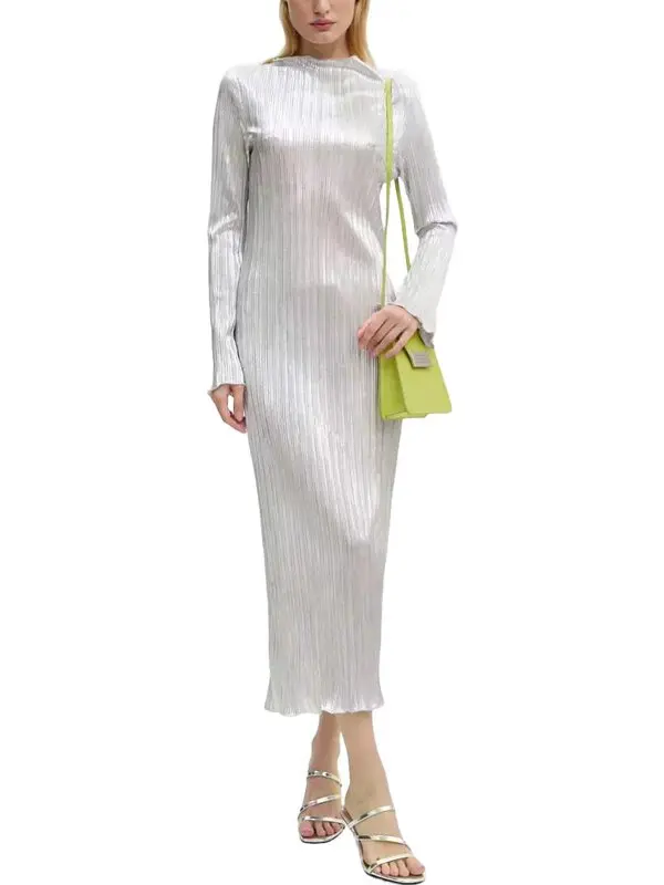 NEVER FULLY DRESSED Plissé Effect Long Sleeve Midi Dress - Silver