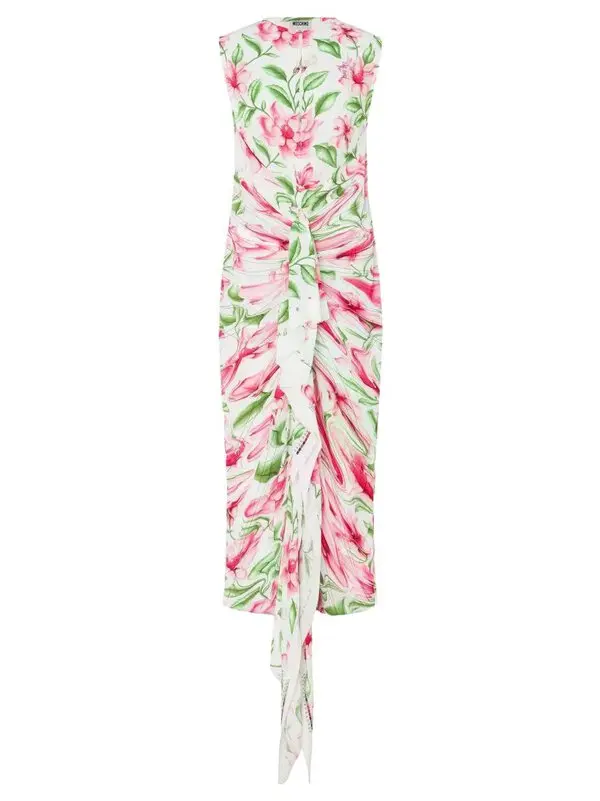 Moschino Floral Print Draped Midi Dress - White