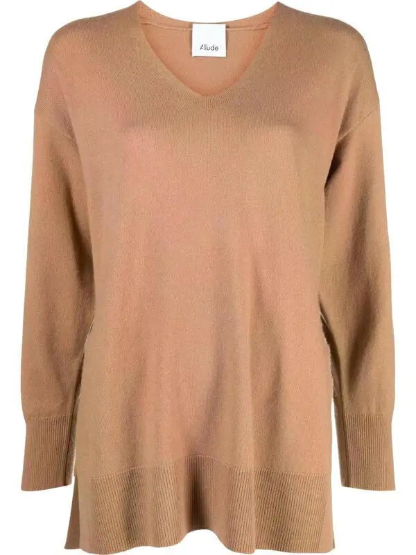 ALLUDE V-neck Long Sleeve Jumper - Brown