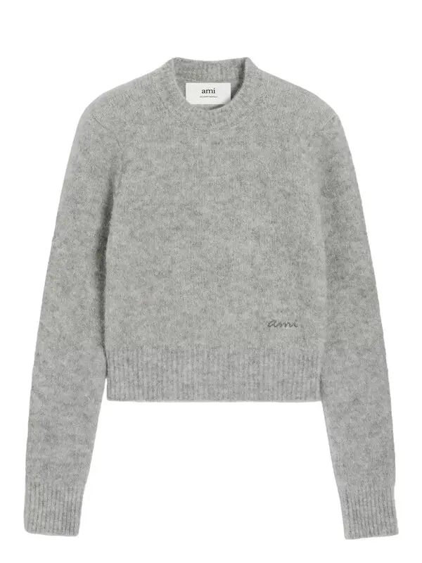 AMI Paris Crew Neck Embroidered Logo Sweater - Grey