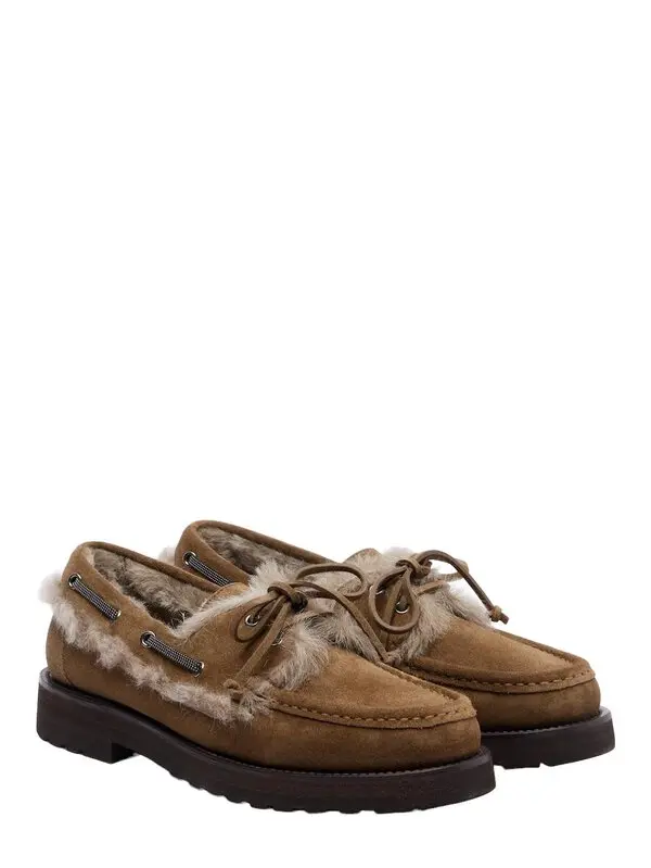 Brunello Cucinelli Shearling-lined Suede Boat Shoes - Brown
