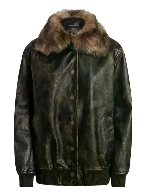 Dolce & Gabbana Leather Bomber Jacket With Fur Collar - Brown
