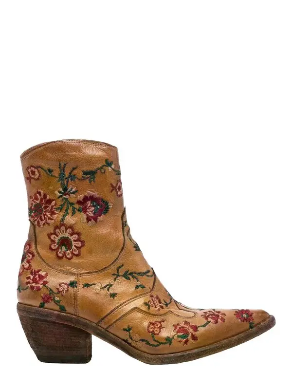 MADISON MAISON Floral Embroidered Leather Ankle Boots - Brown