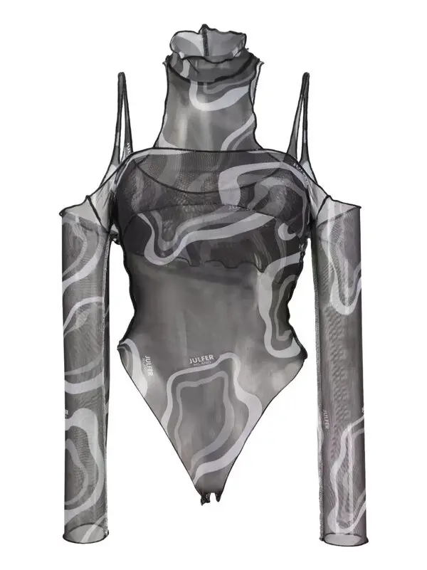 JULFER Janet Semi-sheer Layered Bodysuit With Abstract Logo Print - Black
