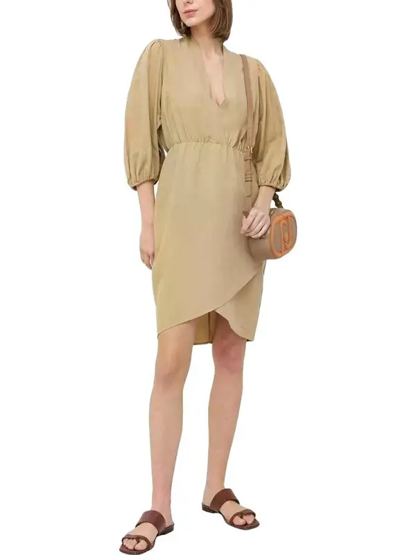 NOTES DU NORD Puff Sleeve V-neck Dress - Neutrals