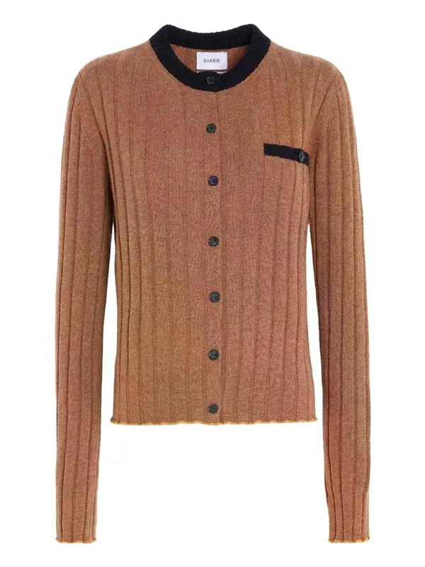 BARRIE Ribbed Cardigan With Contrast Trim - Brown
