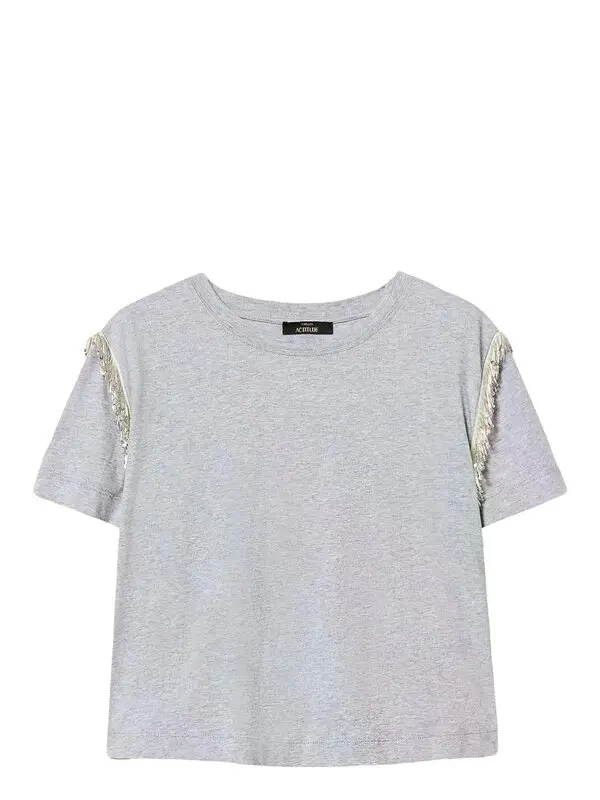 TWINSET Embellished Cotton T-shirt With Fringe Detail - Grey