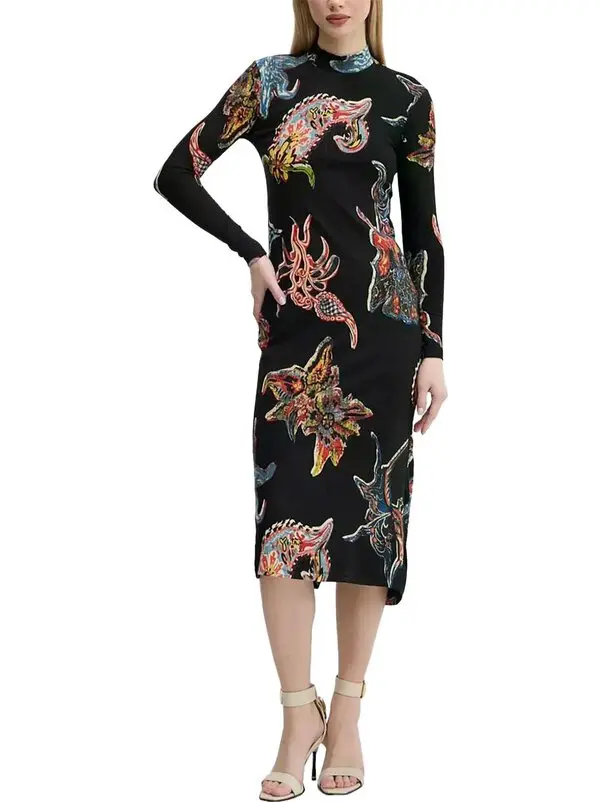 Desigual Ribbed Abstract Print Midi Dress - Black