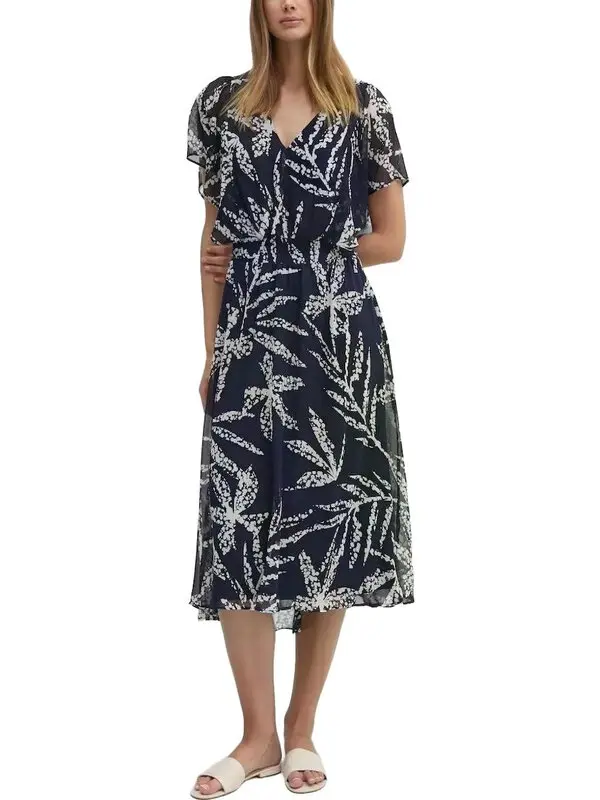 Dkny Leaf Print V-neck Midi Dress - Blue