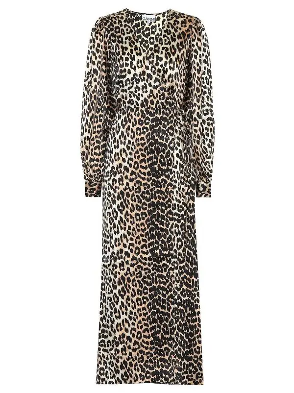 GANNI Leopard-printed Stretch-silk Maxi Dress - Brown