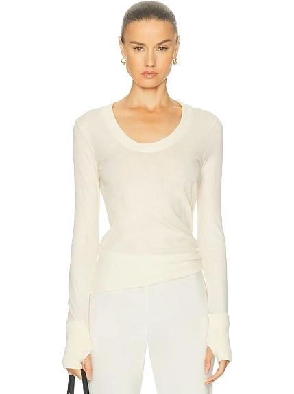 Enza Costa Cashmere Cuffed U Neck Top - Natural