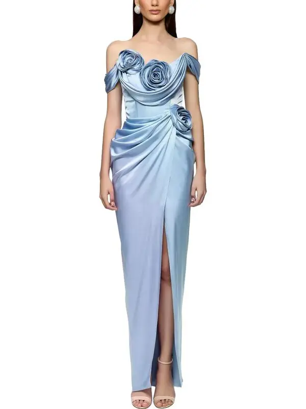 ANA RADU Rose Embellished Off-shoulder Satin Maxi Dress - Blue