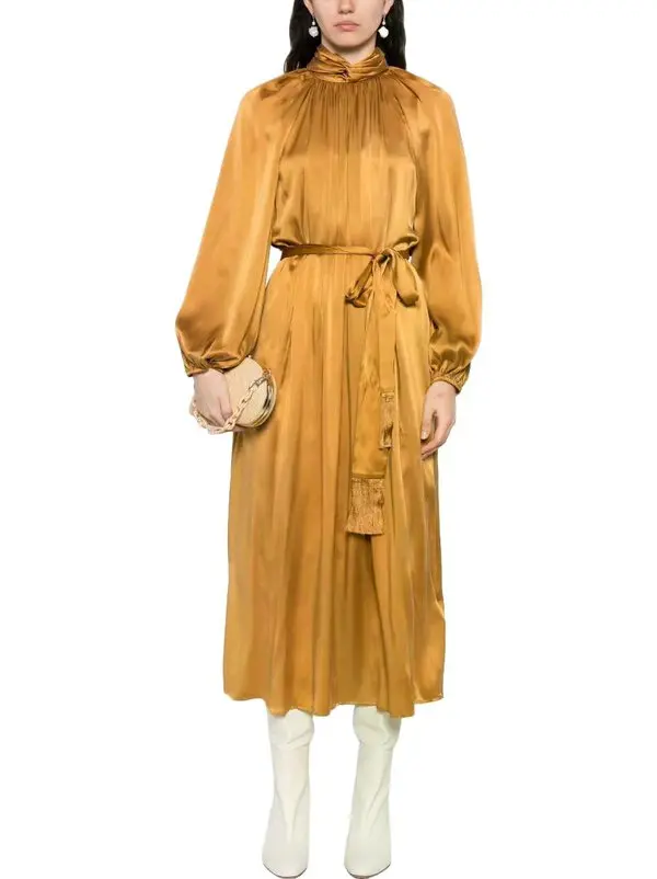 Zimmermann Hypnotic Twist Sheath Midi Dress With Pleated Bodice And Self-tie Belt - Brown