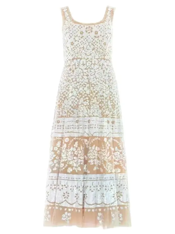 NEEDLE & THREAD Sequin Embellished Scoop Neck Midi Dress - Neutrals