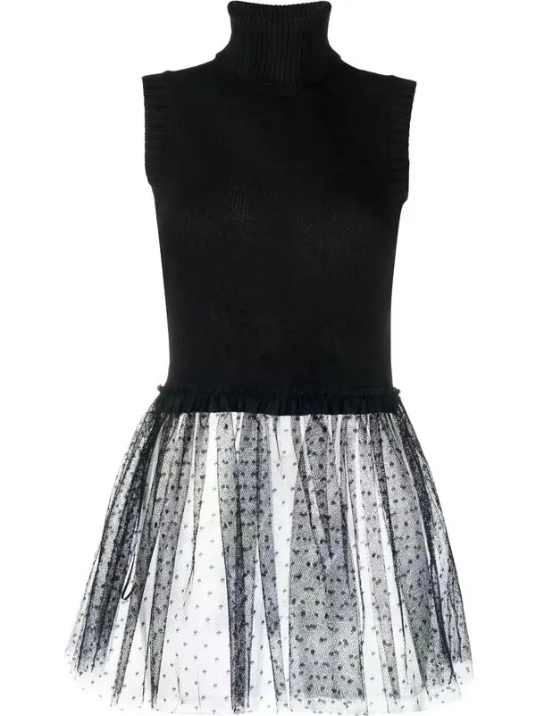 Red Valentino Sleeveless High Neck Peplum Knit Top With Tulle Hem - Black