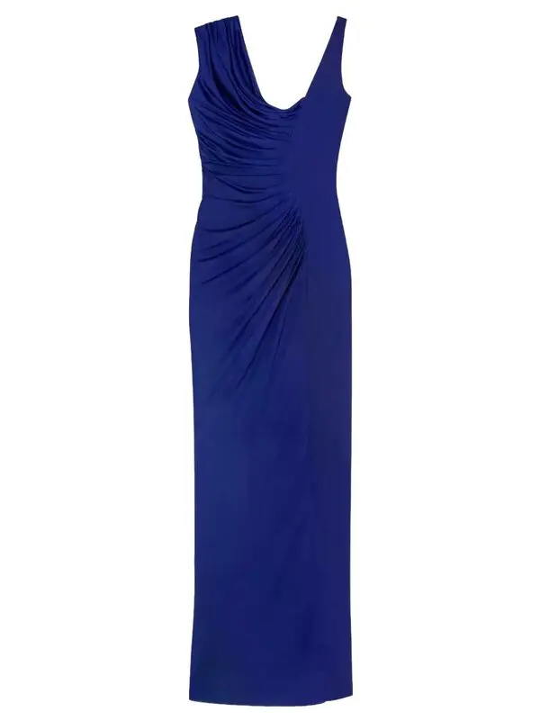 Versace Inverted Satin Crepe Draped Gown Midi Dress - Blue