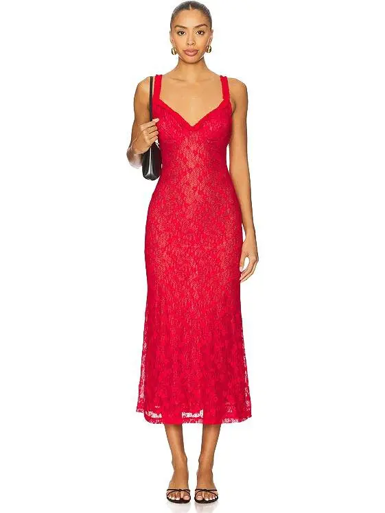Bardot Alegra Stretch Lace Midi Dress - Red