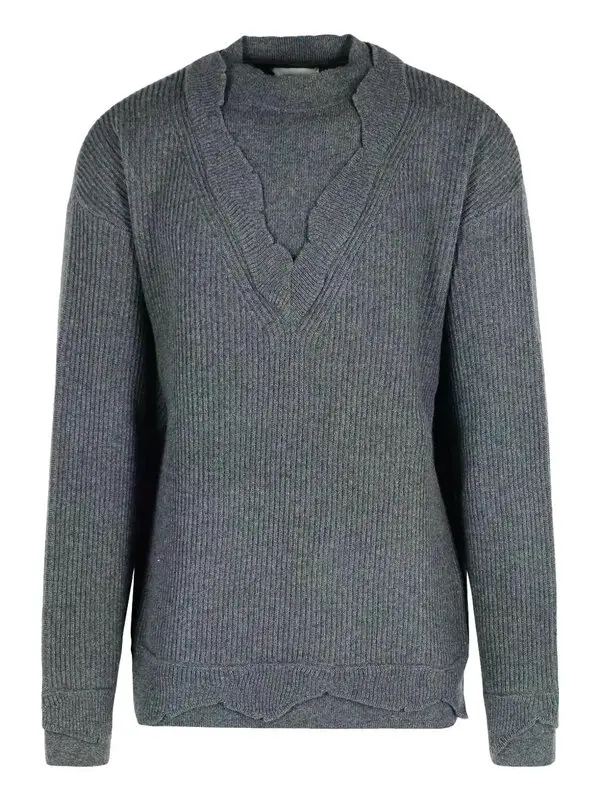 LANEUS Ribbed Knit V-neck Sweater - Grey