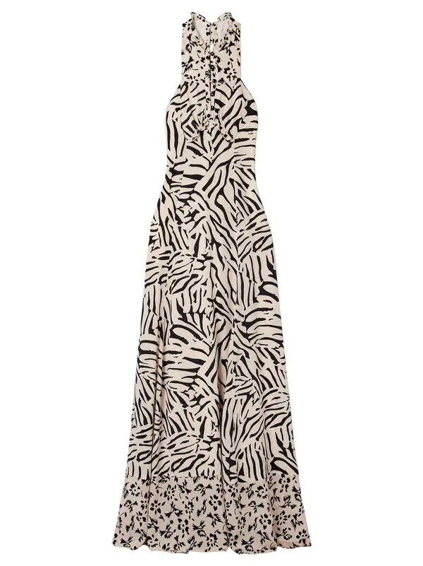 Maison Mayle Valentine Ruffled Zebra And Floral Print Silk-crepe Halterneck Maxi Dress - Multi