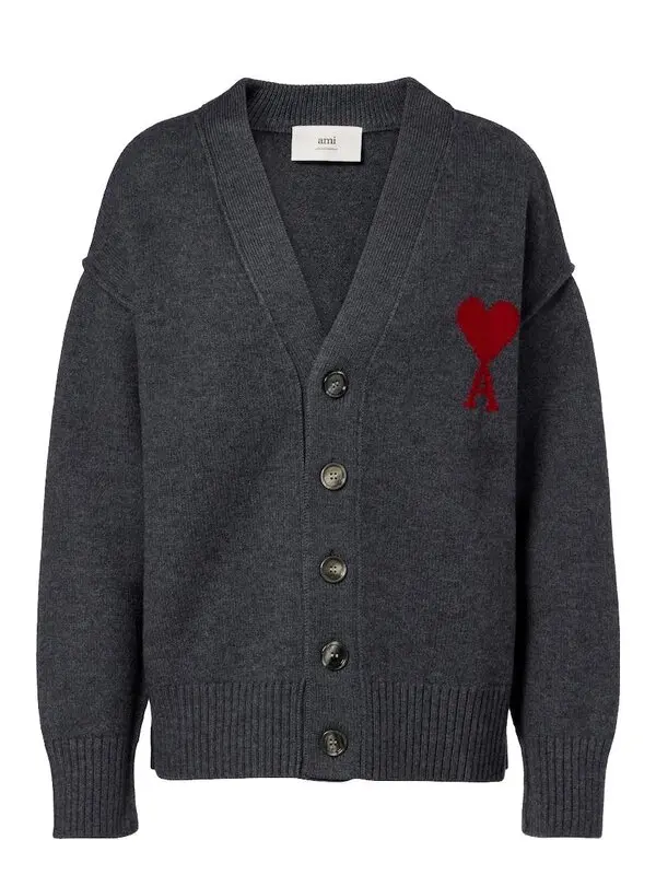 AMI Paris De Coeur Virgin Wool Cardigan - Grey